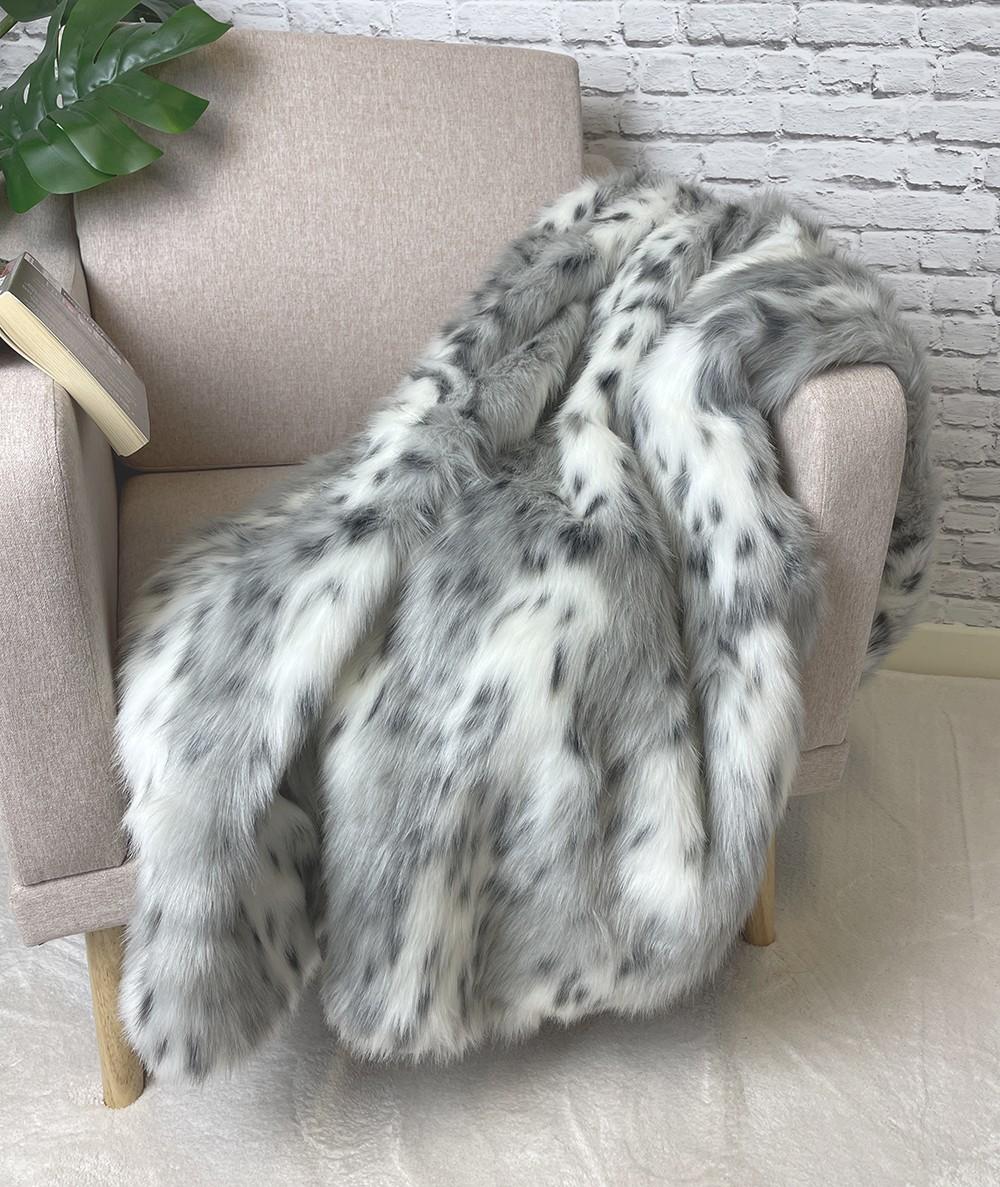Grey Lynx Faux Fur Throw | Large Faux Fur Throw | Animal Bed Throw